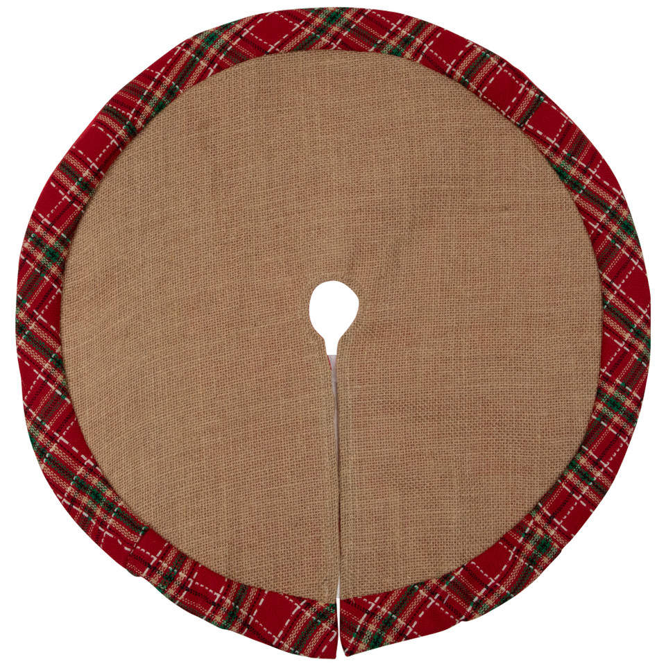 20" Rustic Burlap Mini Christmas Tree Skirt with Red Plaid Border ...