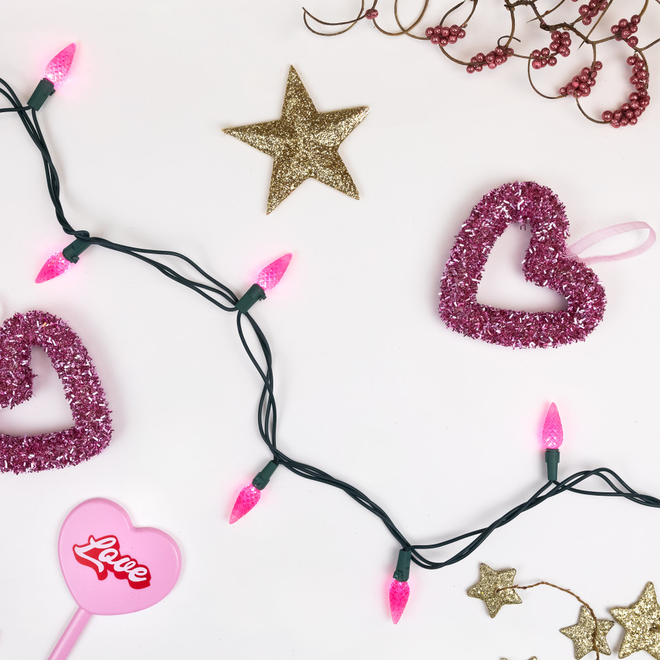 70-Count Pink LED Faceted C6 Christmas Lights - 23 ft Green Wire ...