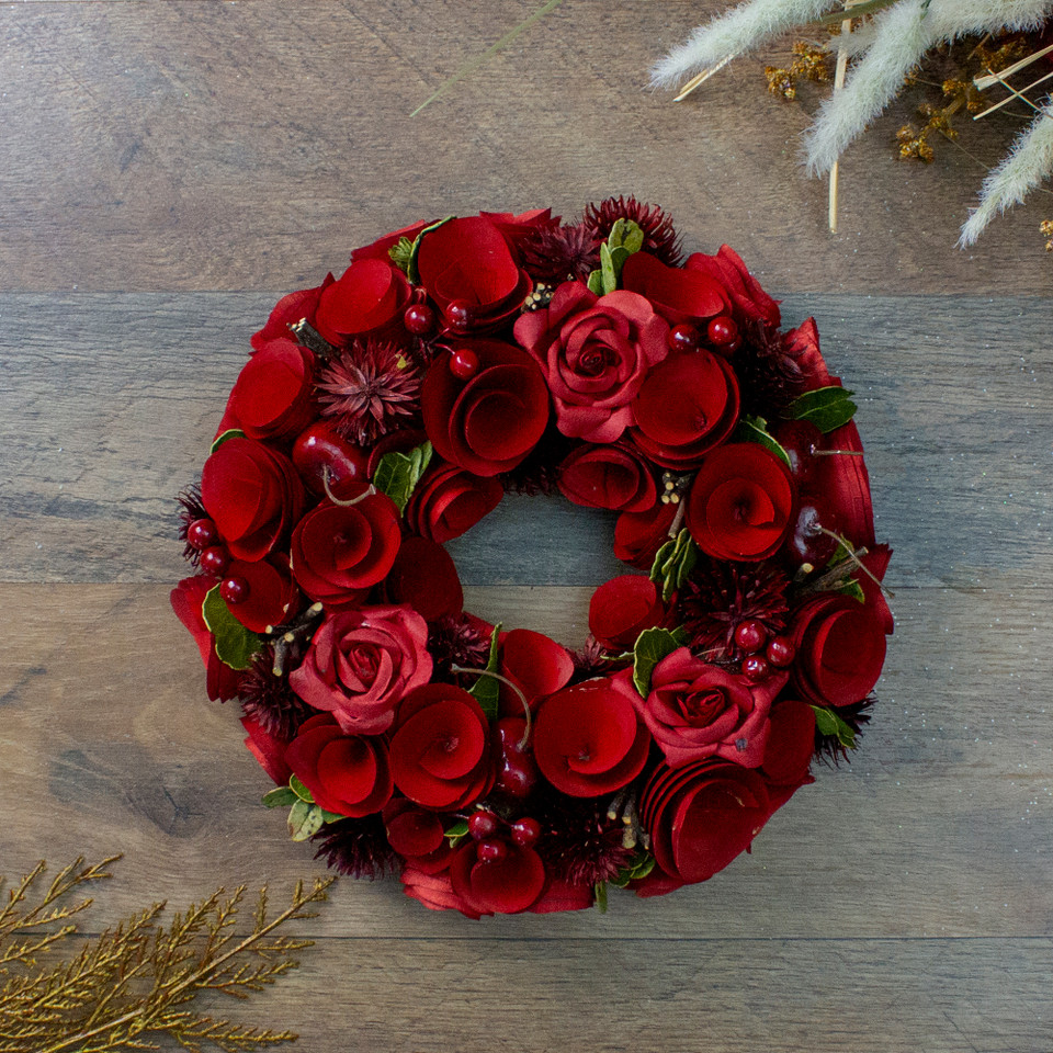 Red Wooden Rose & Berry Artificial Wreath, 9.5-Inch, Unlit | Christmas ...