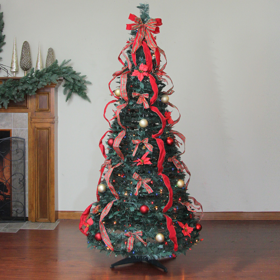6' Pre-Lit Red Plaid Pre-Decorated Pop-Up Artificial Christmas Tree ...