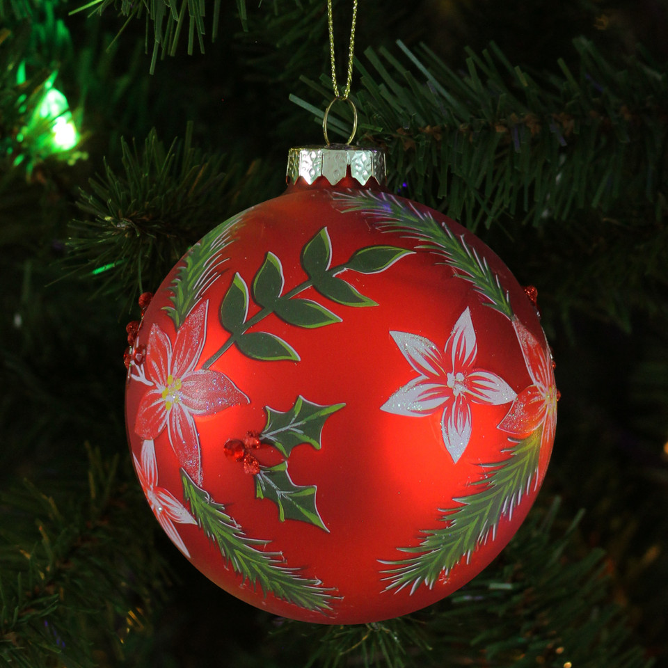 4" Red Poinsettia & Holly Glass Christmas Ball Ornament | Christmas Central