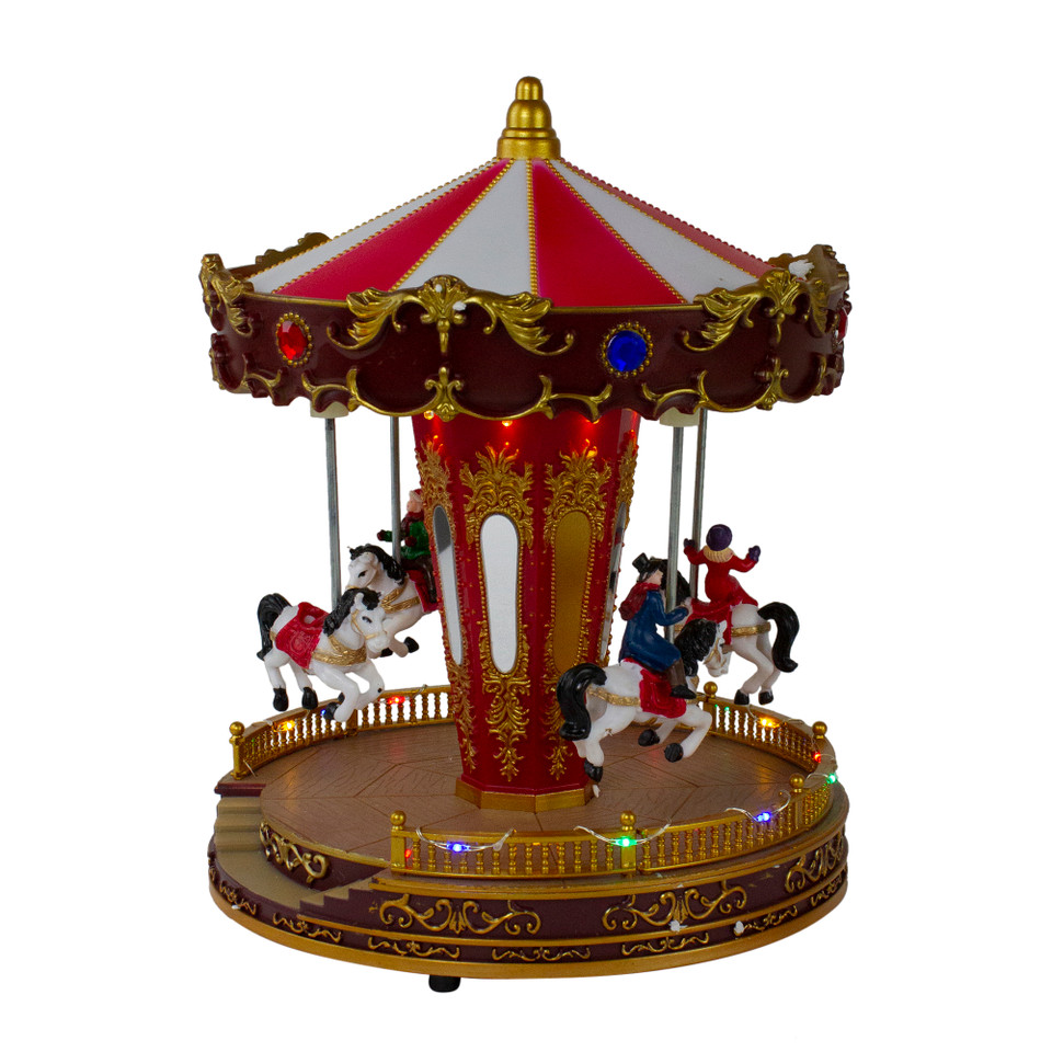 11" Red & White LED Lighted & Animated Christmas Carousel with Horses ...