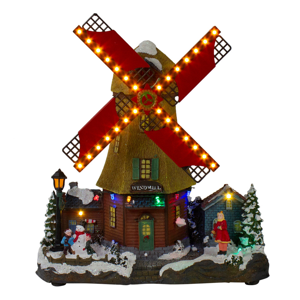 12" Brown LED Lighted & Animated Winter Windmill Village Scene with ...