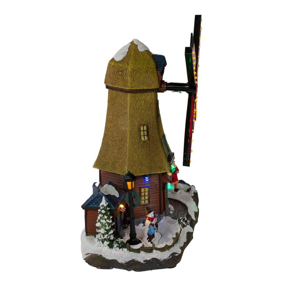 12" Brown LED Lighted & Animated Winter Windmill Village Scene with ...