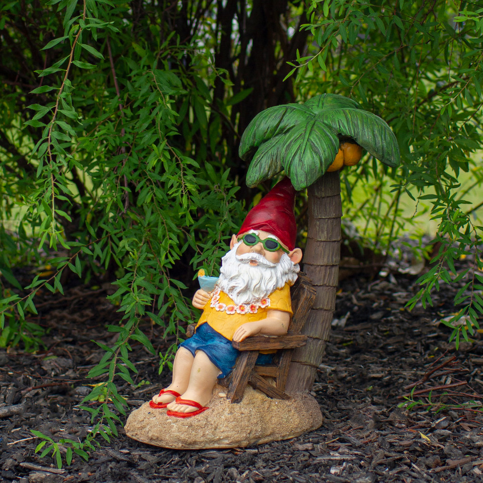 12" Tropical Gnome with Palm Tree Outdoor Garden Statue | Christmas Central