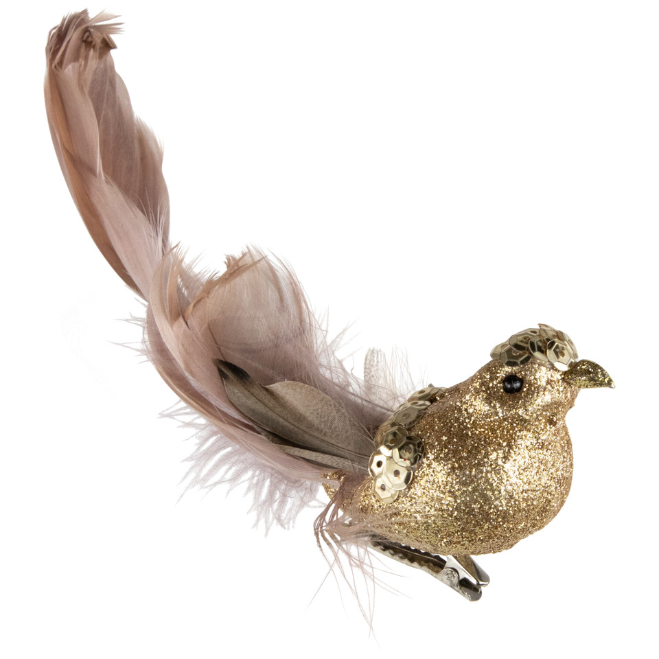 6" Gold Sequins & Glitter Bird with Clip & Feathers Christmas Ornament ...
