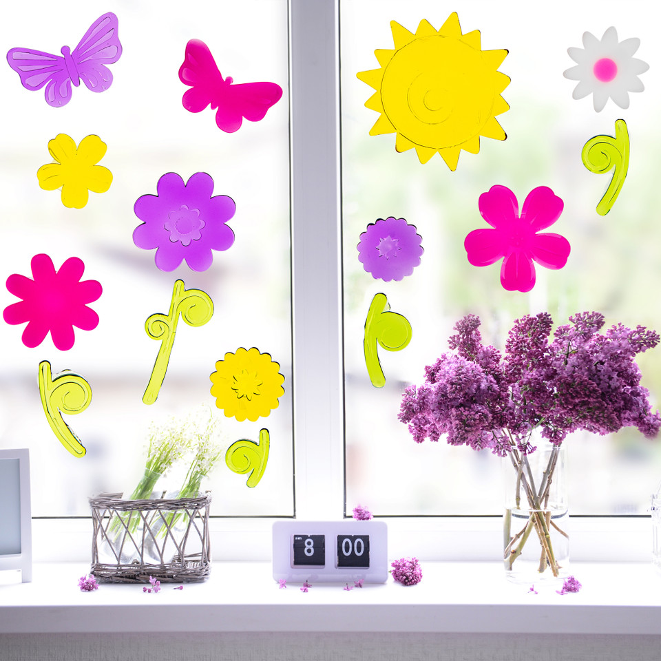 14-Piece Pink & Purple Flowers Spring Gel Window Clings | Christmas Central