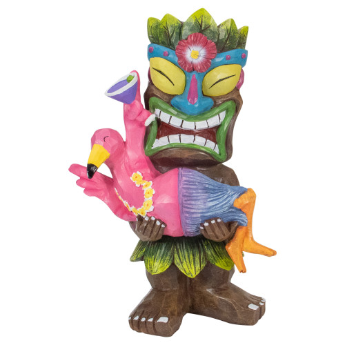 15" Solar Lighted Polynesian Outdoor Garden Tiki with Flamingo Statue ...