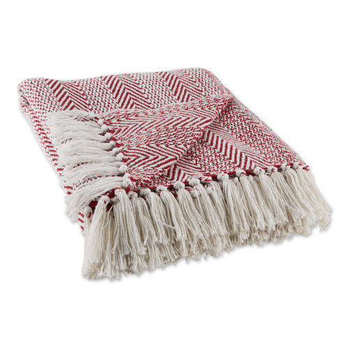 Barn Red & White Herringbone Striped Rectangular Cotton Decorative ...