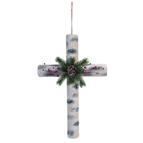 23" Rustic Birch Cross Christmas Hanging Decoration | Christmas Central