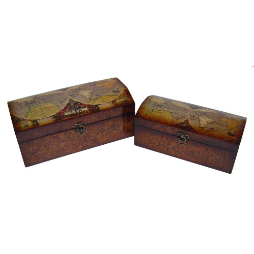 Set of 2 Vintage Round Top Wooden Map Themed Storage Boxes 11.5 ...