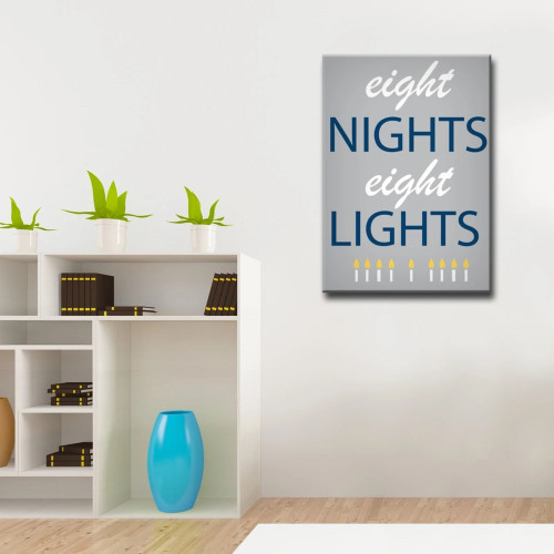 Gray & Navy Blue "Eight Nights Eight Lights" Hanukkah Rectangular Wall ...