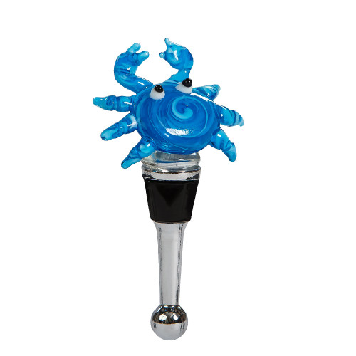 5" Blue & Stainless Steel Handblown Glass Crab Wine Bottle Stopper ...
