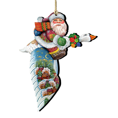 Set of 2 Santa Claus Riding a Goose Wooden Christmas Ornaments 5.5 ...