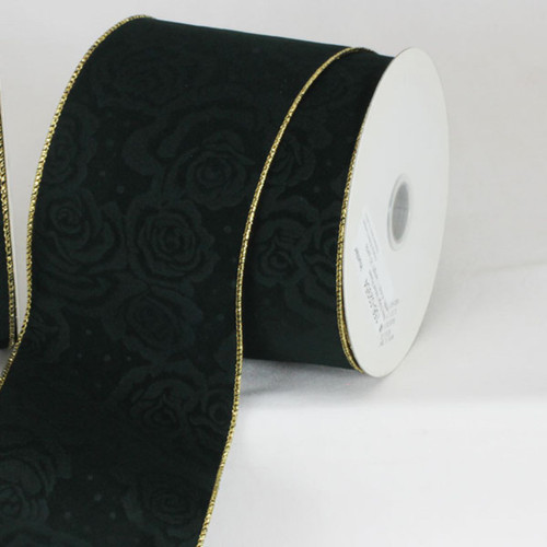 Black & Gold Roses Wired Craft Ribbon 4" x 20 Yards | Christmas Central
