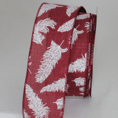 Burgundy Red & White Feathers Ribbed Wired Craft Ribbon 2.5" x 20 Yards ...