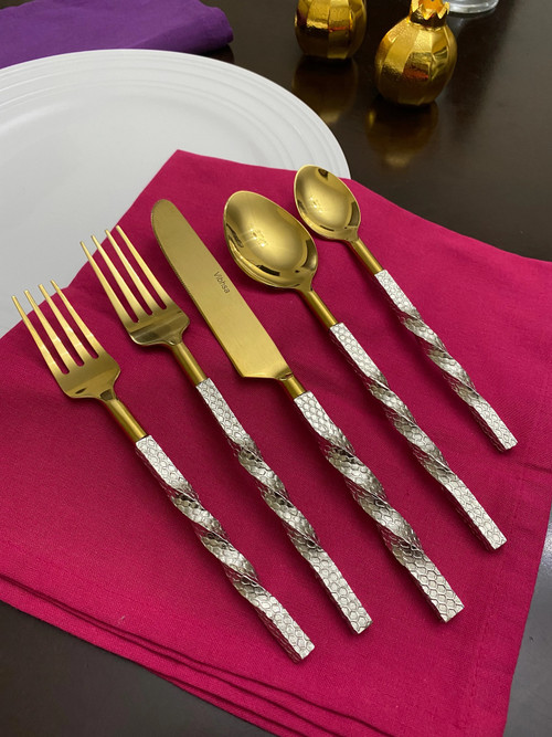 Multi Twisted Stainless Steel Four Service Flatware Set - Gold & Silver ...