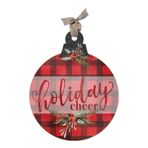 12" Red & Green Buffalo Check "Holiday Cheer" Christmas Wooden Ornament ...