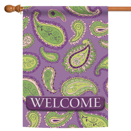 Purple & Green Paisley "Welcome" Outdoor House Flag 40" x 28 ...