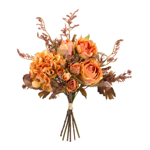 Rose & Foliage Fall Harvest Bouquet - 15" - Orange & Brown - Set of 6 ...