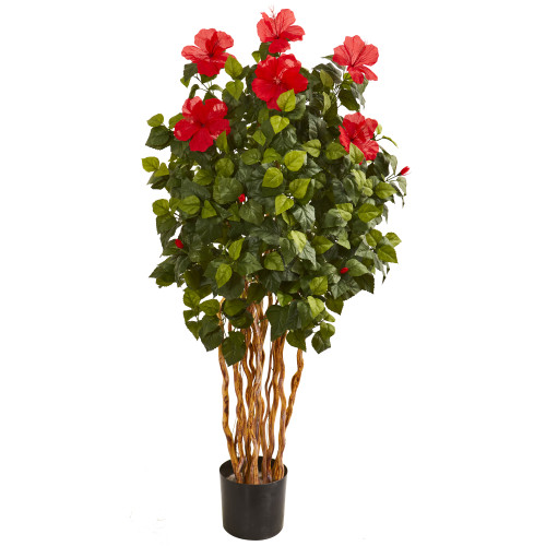 5' Red Artificial Hibiscus Tree in Black Pot | Christmas Central