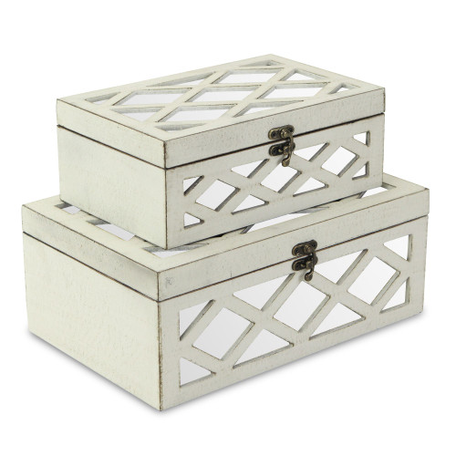 Set of 2 White Lattice Pattern Storage Boxes with Front & Top Mirror 12 ...