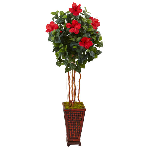 5' Hibiscus Artificial Tree with Brown Wooden Planter | Christmas Central