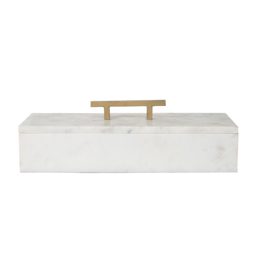 Rectangular Marble Lidded Box with Brass Finish Handle - 14.5" - White ...
