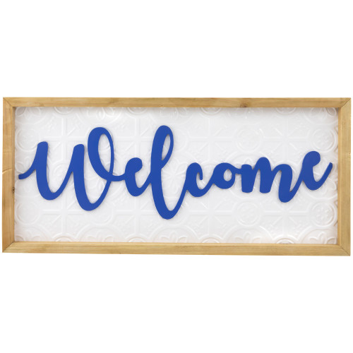 Welcome Framed Wall Sign - 20" - White & Blue | Christmas Central
