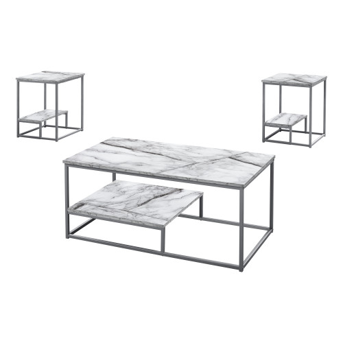 Marble Tables with Half Shelf - 42.25" - White & Silver - Set of 3 ...