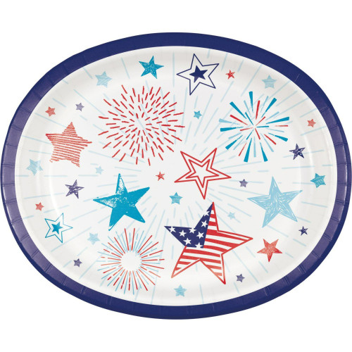 Oval Patriotic Fireworks Disposable Paper Plates - 12" - Blue & Red ...