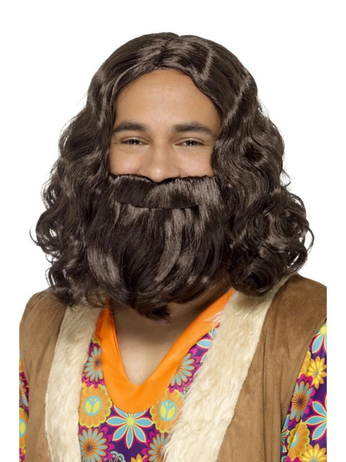 26" Brown 1960's Groovy Style Hippie/Jesus Men Adult Wig & Beard Set ...