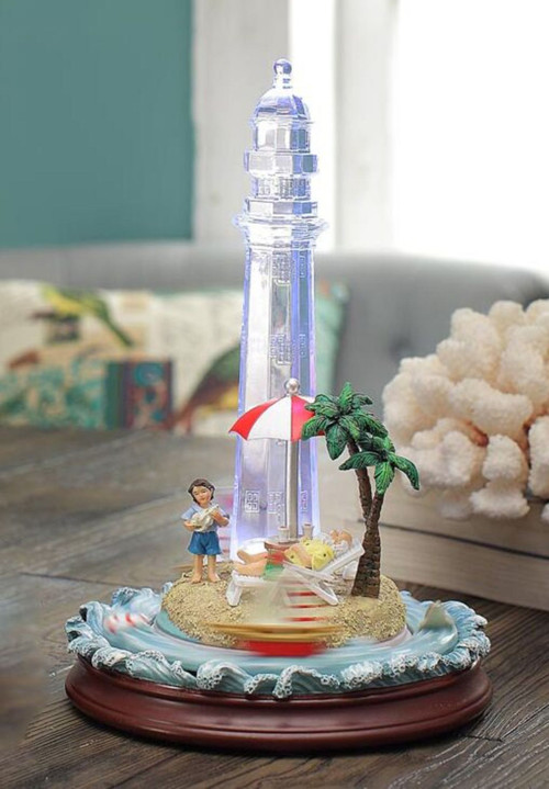 Set of 2 Clear & Light Blue Umbrella Island Lighthouse Tabletop Decor ...
