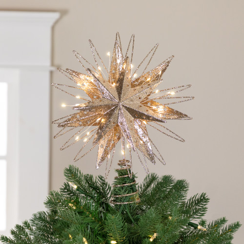 LED Lighted Starburst Glittered Christmas Tree Topper - 13" - Champagne ...