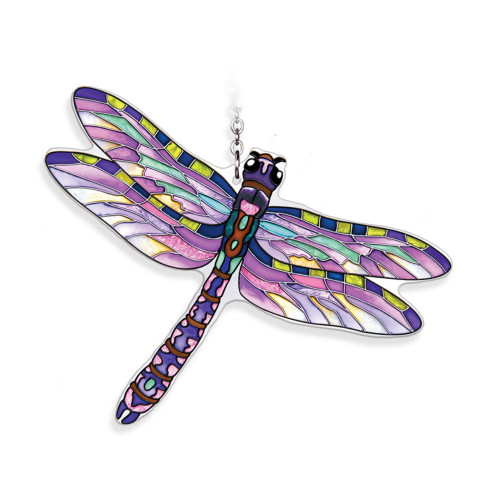 Purple Flame Skimmer Dragonfly Handcrafted Glass Wall Art Decor 6.5" x ...
