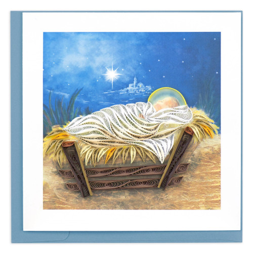 6" Blue & White Manger Scene Square Christmas Greeting Card | Christmas ...