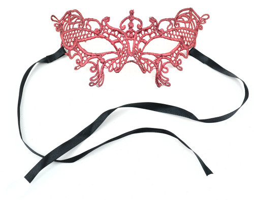 7” Merlot Red & Black Fitted Lace Half Mask with Ribbon Ties ...