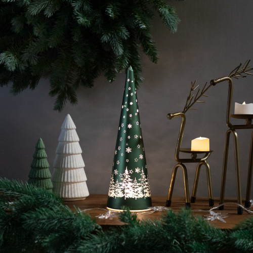 LED Lighted Snowy Forest Glass Christmas Cone Tree Decoration - 11.5 ...