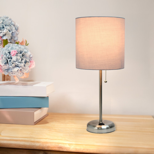 Brushed Steel Bedside Table Desk Lamp with Drum Shade - 19.5" - Silver ...