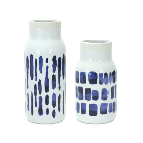 Abstract Two-Tone Ceramic Vases - 10" - White & Blue - Set of 2 ...