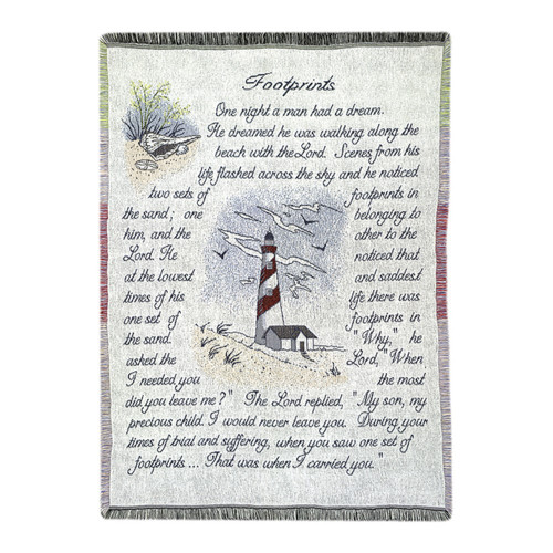 Blue & White Lighthouse "Footprints" Jacquard Woven Fringed Throw ...