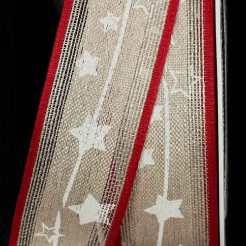 Cream White & Red Christmas Star Print Linen Wired Craft Ribbon 1.25" x ...
