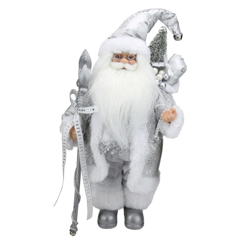 12" Standing White & Silver Santa Claus with Staff & Gift Bag Christmas ...