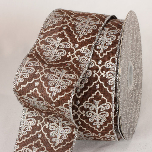 Chocolate Brown & Silver Tree Design Wired Craft Ribbon 2.5" x 20 yards ...