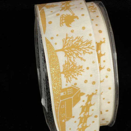 Wonderful Ivory & Gold Santa on Sleigh Wired Craft Ribbon 1.5" x 27 ...