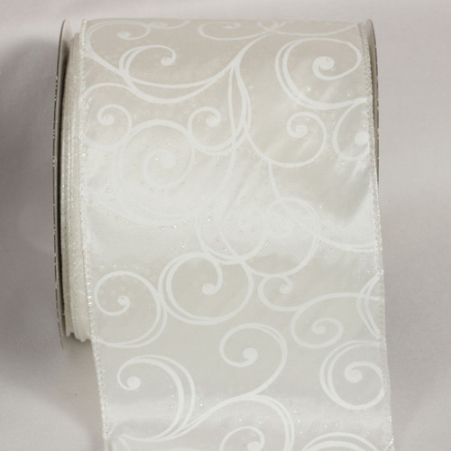 White Solid Swirl Print Wired Craft Ribbon 4" x 20 Yards | Christmas ...