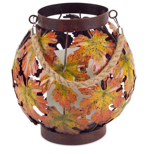 15" Brown & Orange Autumn Harvest Maple Leaf Pillar Candle Lantern ...