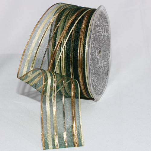 Sheer Green & Gold Striped French Wired Craft Ribbon 1.5" x 33 Yards ...