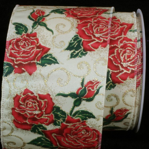 White & Red Rose Printed Wired Craft Ribbon 4" x 20 Yards | Christmas ...
