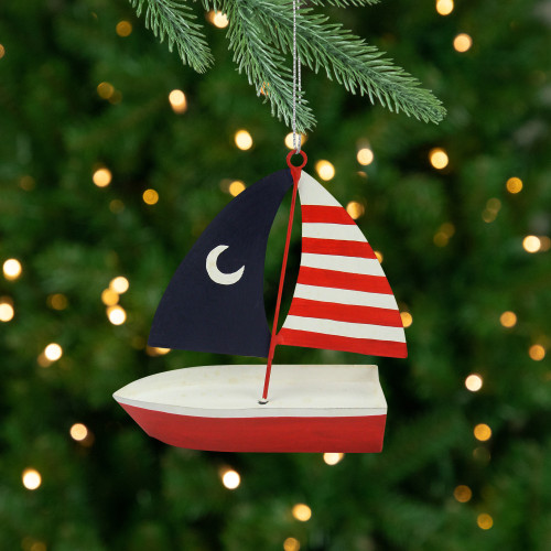 Nautical American Flag Sailboat Ornament - 5" | Christmas Central
